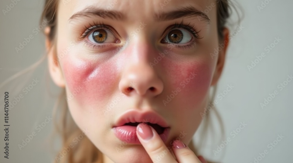 Woman face showing signs of allergy symptoms, such as redness and ...