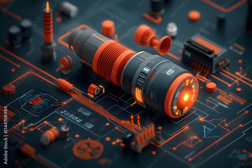 Intricate technical schematics and circuit boards depicting the pulsing ...