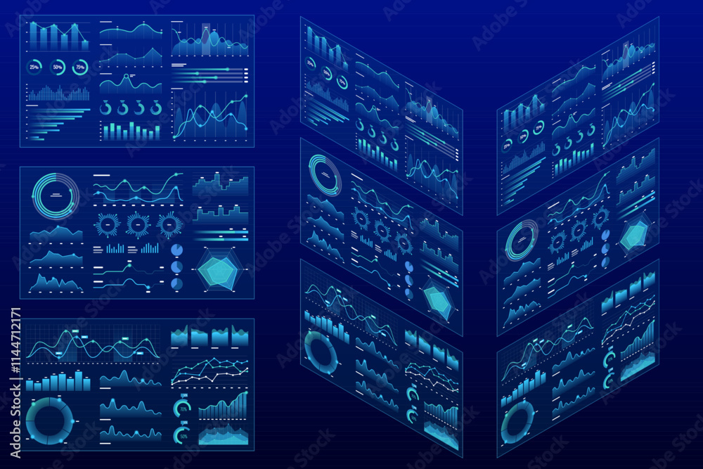 Isometric futuristic digital dashboards featuring multiple data visualizations, including bar ...