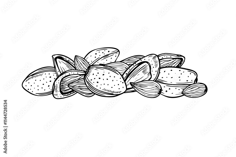 Peeled and unshelled almond pile hand drawn vector sketch in black and ...