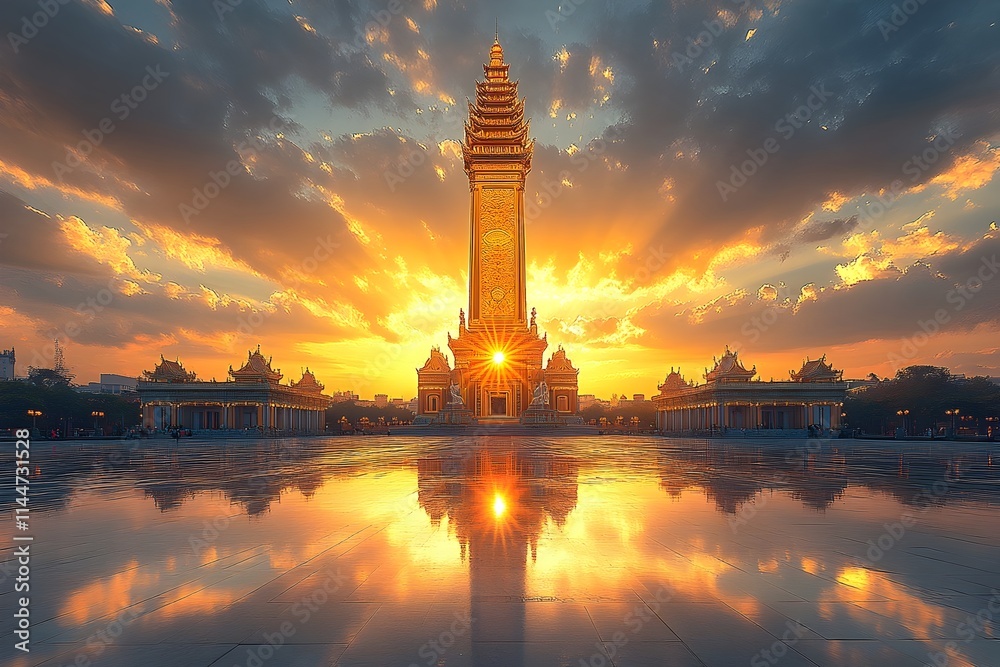 A towering golden monument that gleams in the setting sun its intricate ...