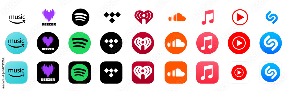 Set of music app icons. Social networking, media. Spotify, Youtube ...