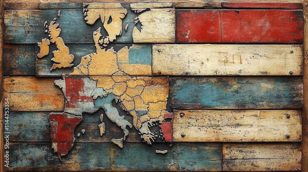 Colorful map of Europe made from wooden planks, featuring various ...