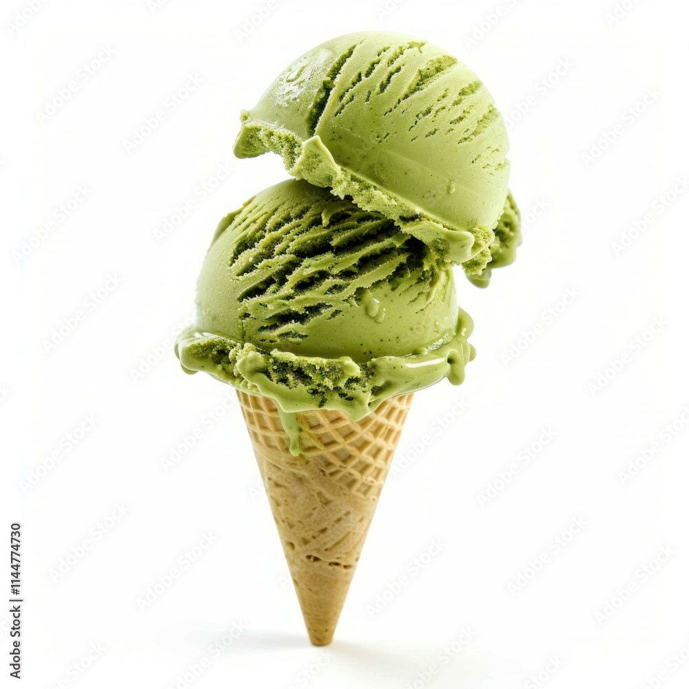 Two scoops of green tea ice cream melting on a crunchy waffle cone ...