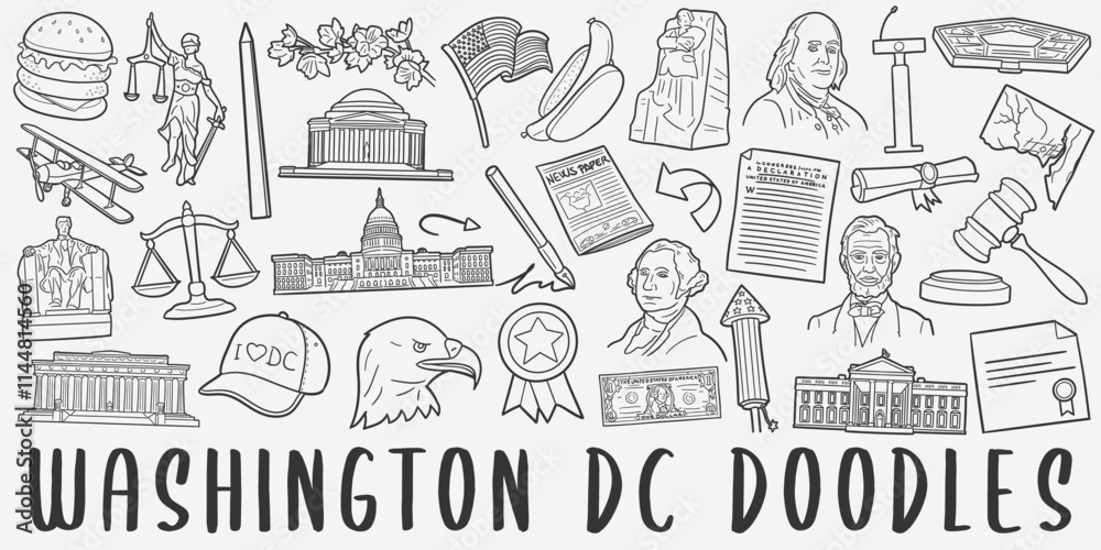 Washington DC Doodle Icons Black and White Line Art. United States ...