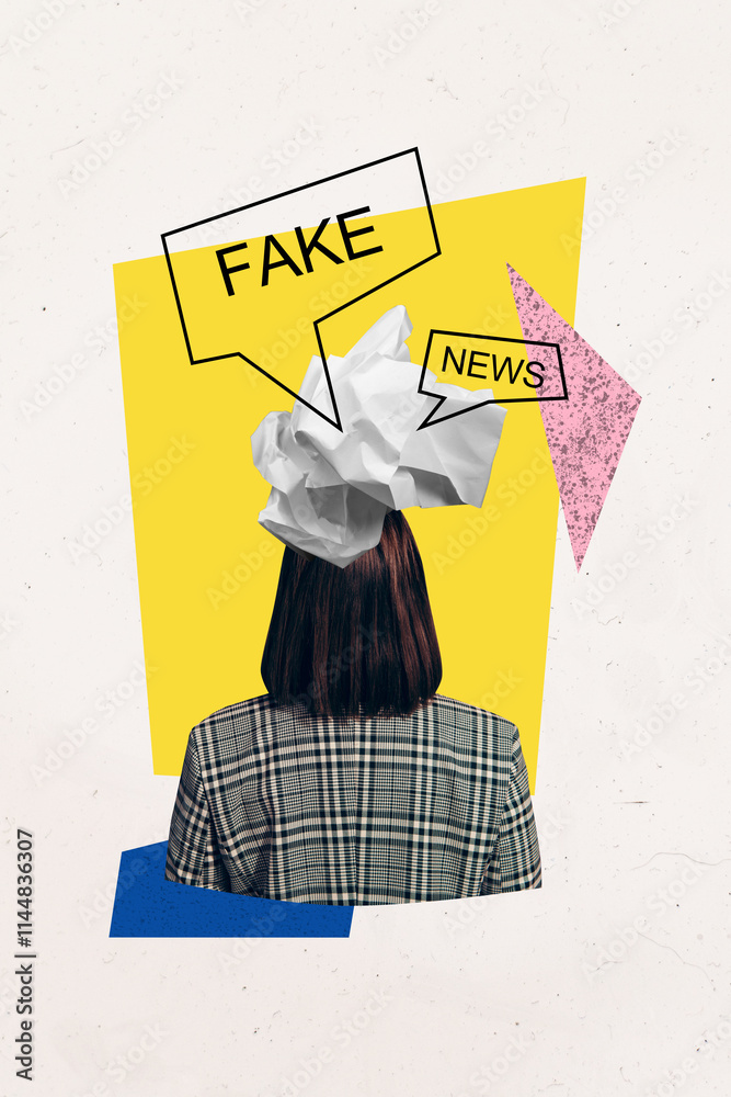 Vertical collage young woman fake news propaganda mass media ...