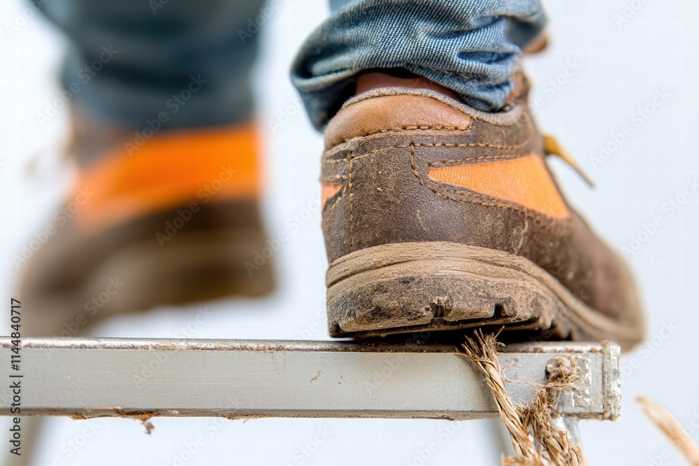 A detailed image of a shoe cautiously stepping onto a metal ladder ...