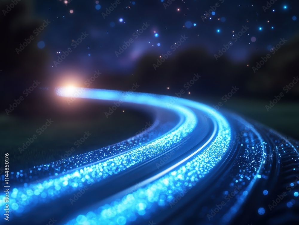 Dynamic glowing fiber optic systems alongside train tracks nighttime landscape digital art ...