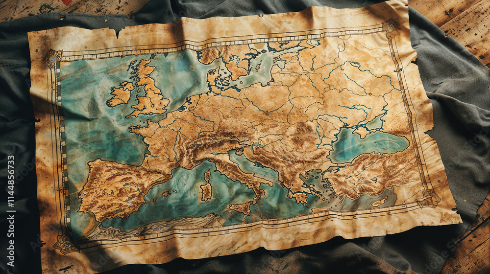Vintage style map of Europe with aged parchment texture, featuring ...