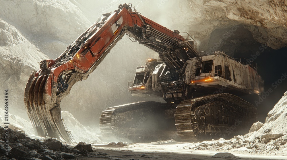A giant mining excavator robot, its large robotic arm digging into the ...