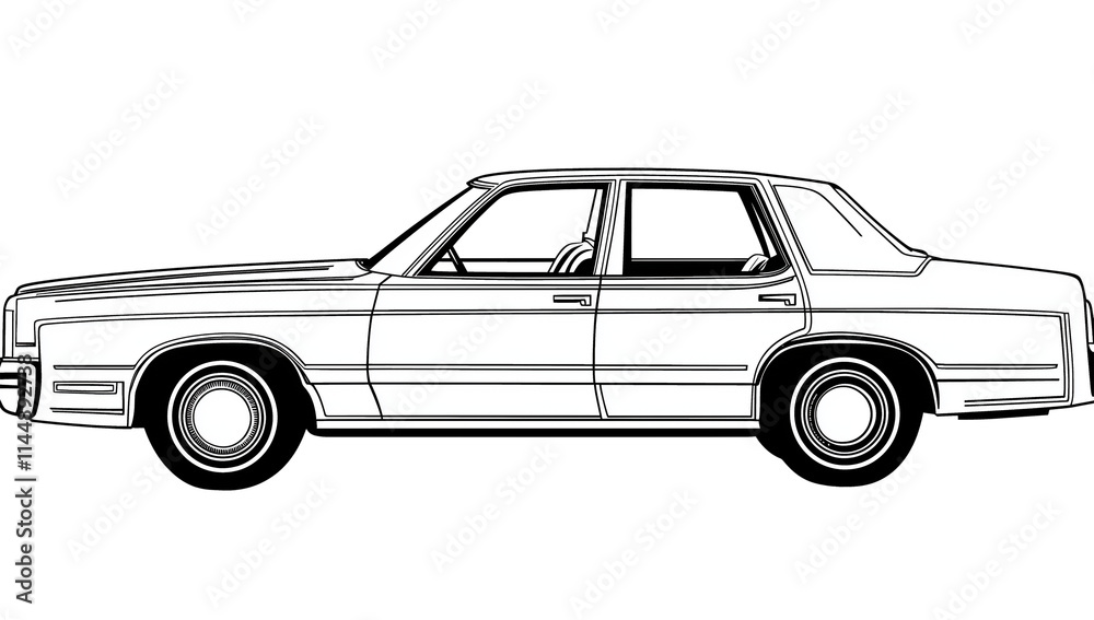 Detailed Line Drawing of a Classic American Sedan from the 1980s with ...