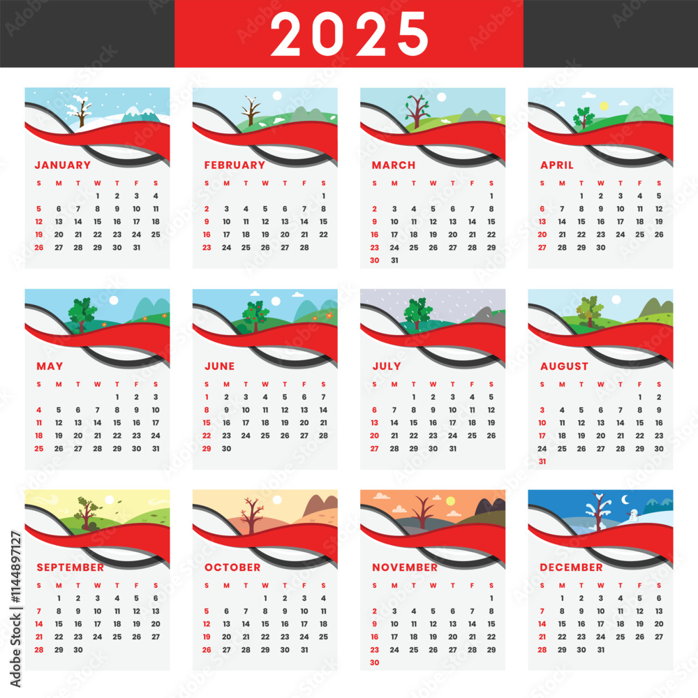 2025 Calendar. Monthly calendar template for 2025 year. Seasonal Theme ...