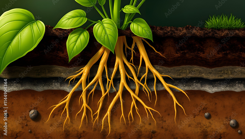 Roots of plant growing underground close up, layers of soil cross ...