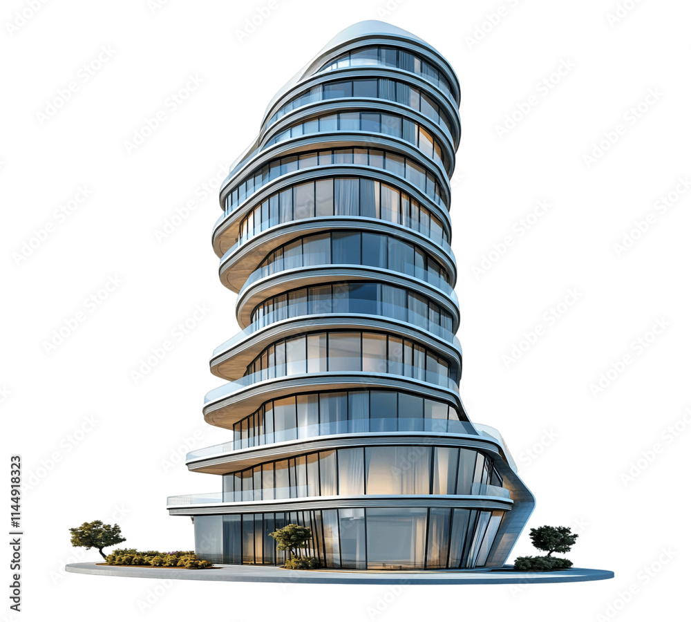 Modern 3D Illustration of Curved High-Rise Building with Circular ...