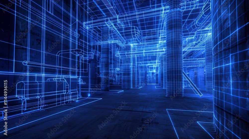 Neon blue Digital construction site sketch. Building 3D Printing, Building Information Modeling ...