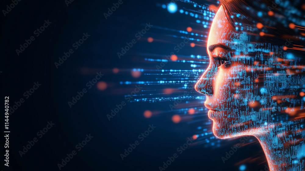 A human-like AI face forming from fragmented pixels and holographic ...