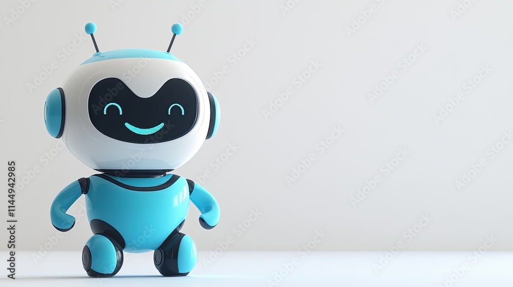 A chubby, adorable robot with short arms and legs, and a happy digital ...
