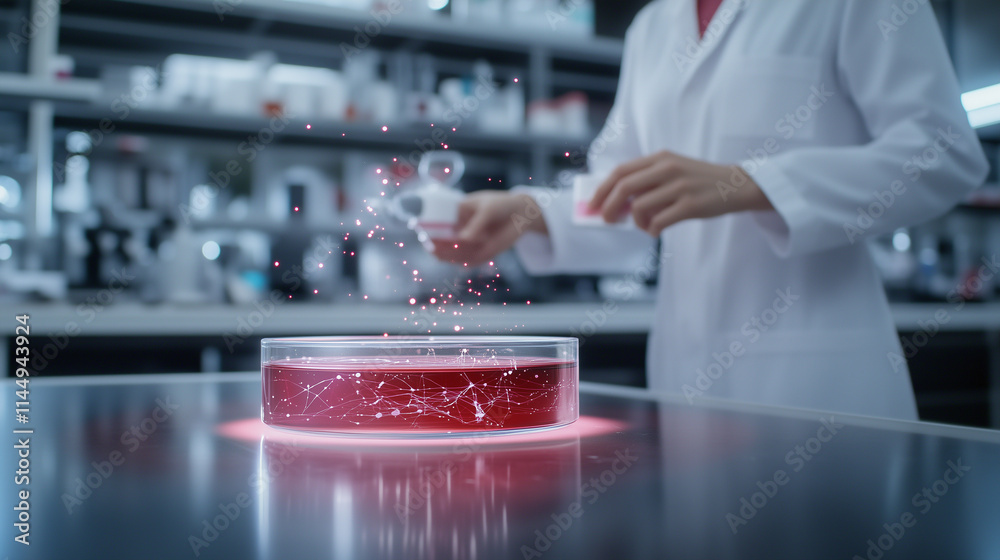 A researcher in a high-tech laboratory using augmented reality to analyze the chemical makeup of ...