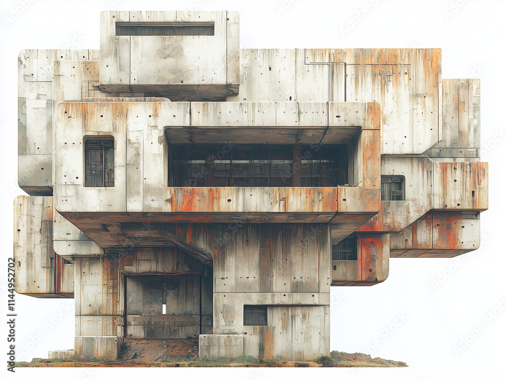 Brutalist architecture structure with weathered concrete surfaces ...