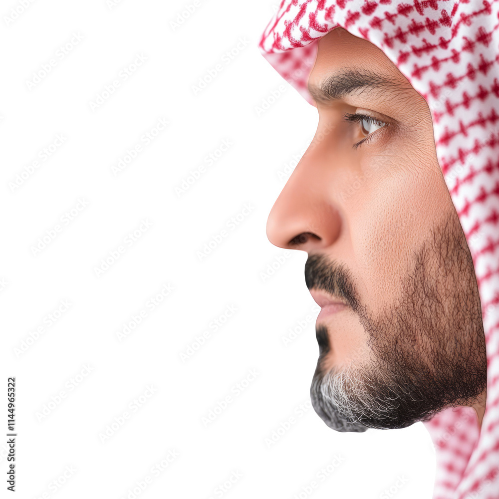 Arab man in traditional dress keffiyeh isolated on white background ...