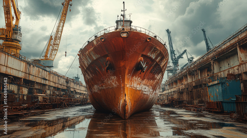 Rusty old ship rests in dry dock, surrounded by towering cranes and ...
