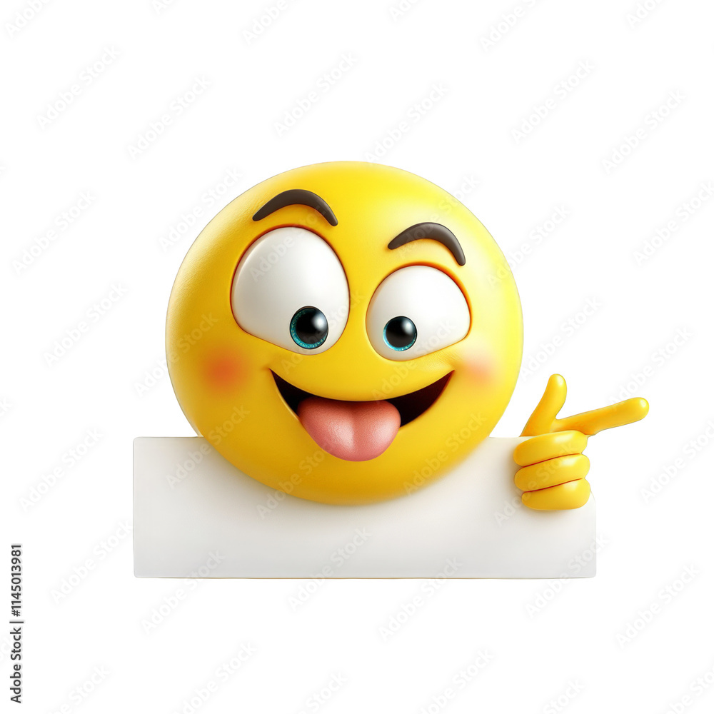 Funny 3D Emoji Face with Blank Sign Advertisement Banner Pointing ...