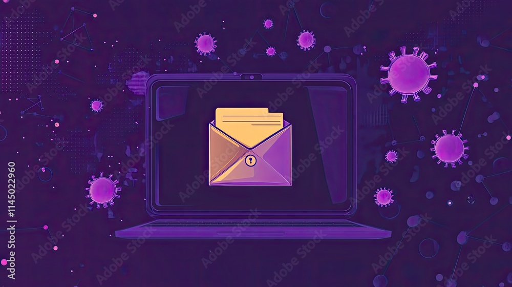 Flat vector of a laptop warning screen with an infected folder icon and ...