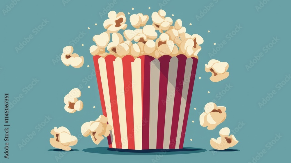 Overflowing red and white striped popcorn bucket with kernels flying ...
