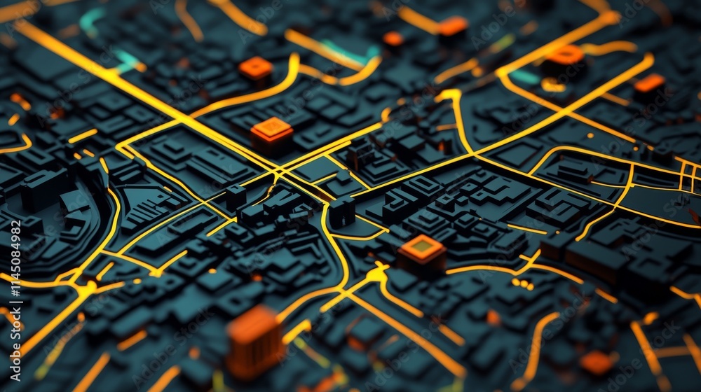 Detailed Topographic City Map Highlighting Streets With Illuminated ...