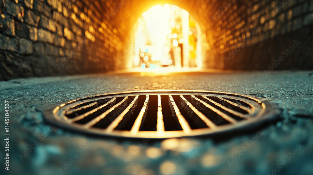 Sunlight illuminates an open manhole cover in a city street, revealing ...