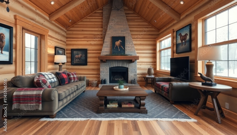 Mountain Lodge Cabin Living Room with plaid accents, wool throws, and ...