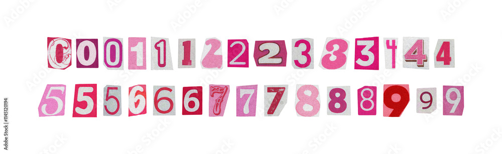 cut-out cute pink numbers set from magazines on a transparent ...