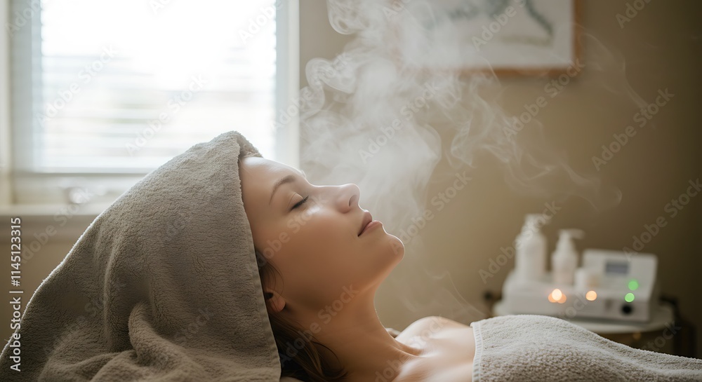 Relaxing spa facial treatment. Woman enjoys beauty treatment with steam ...