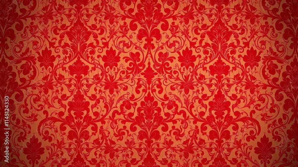 Red flock wallpaper with damask design on white background, luxurious ...