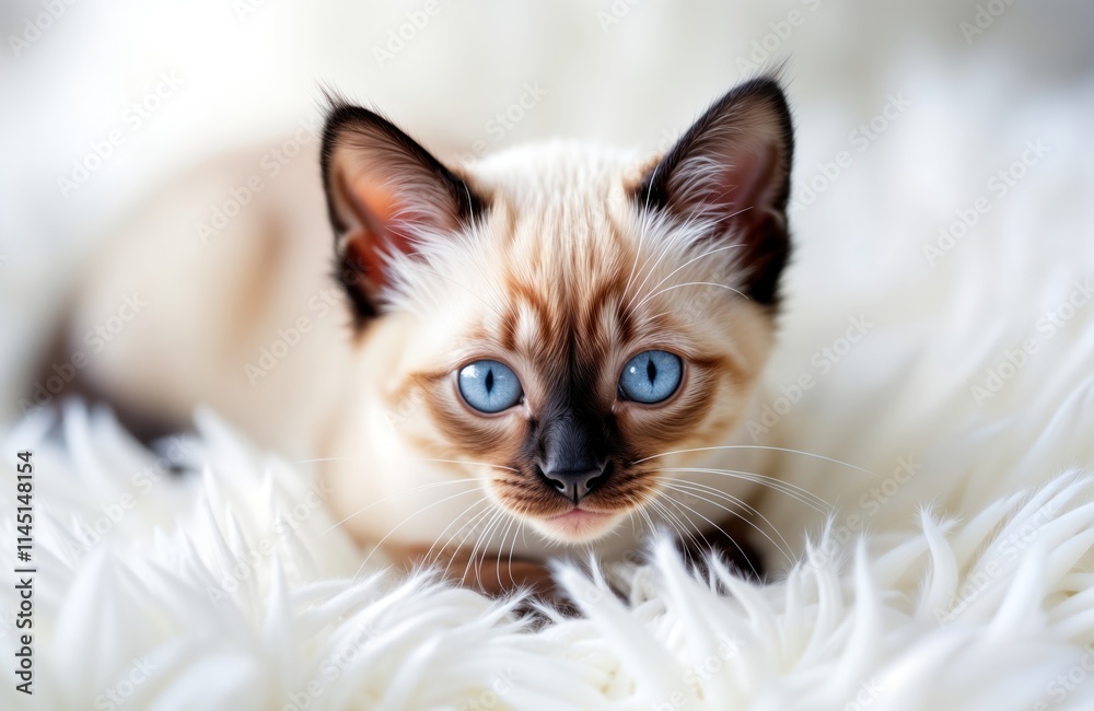 Adorable siamese kitten with big blue eyes sits on soft white fur. Cute ...