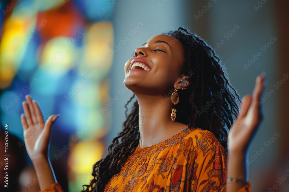 Beautiful young woman with christian gospel singers in church, praising ...