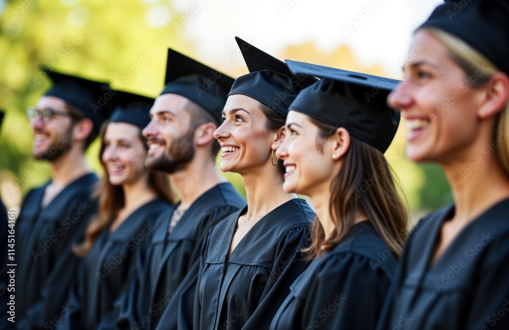 Foto de Stock Smiling students in graduation gowns, mortarboards ...