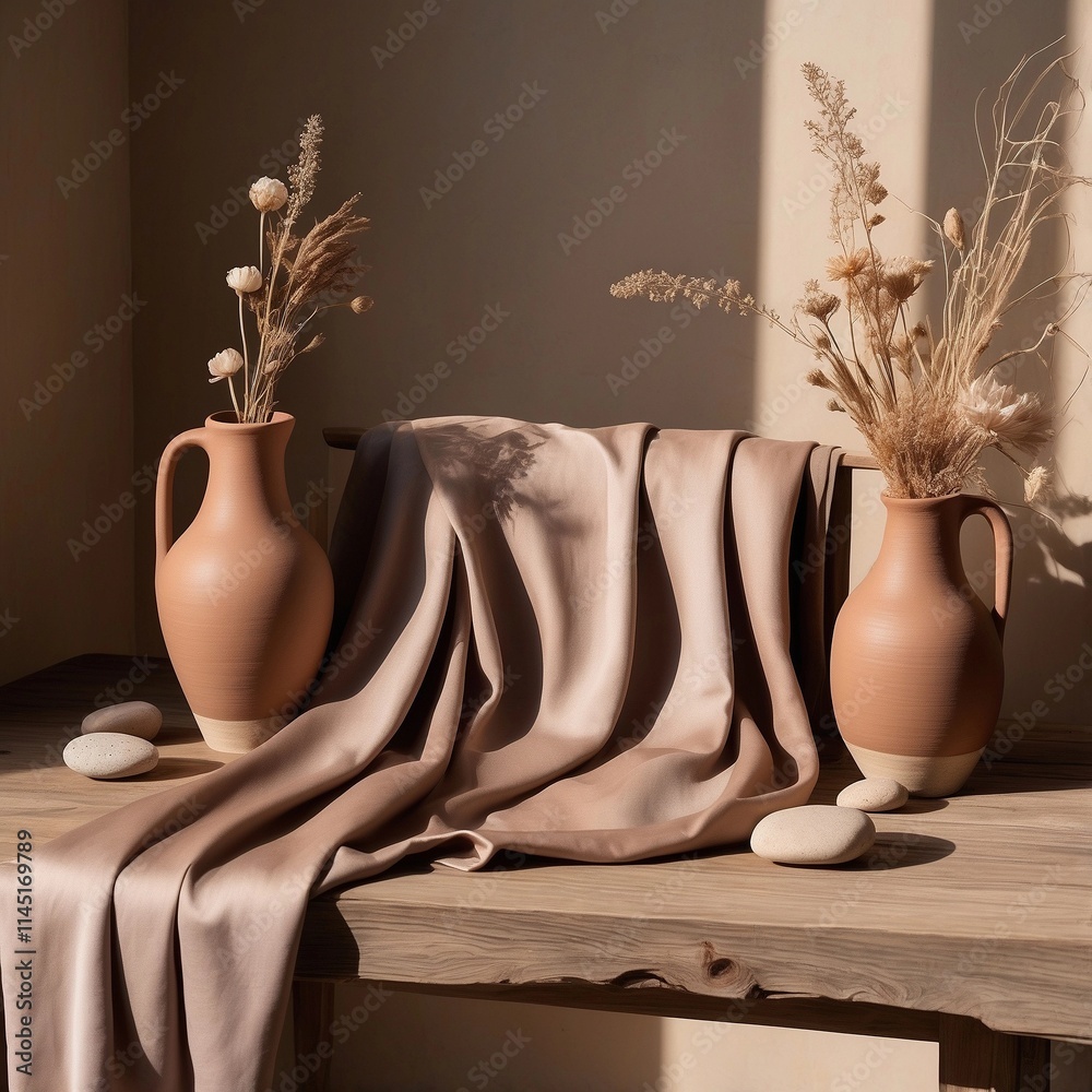 vases with dried flowers next to fabric on a wooden surface with ...