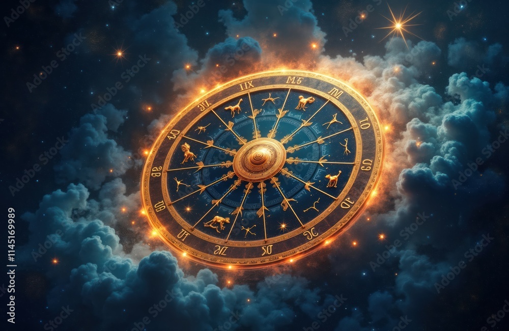 Cosmic celestial zodiac wheel floats in stardust nebula. Constellation ...