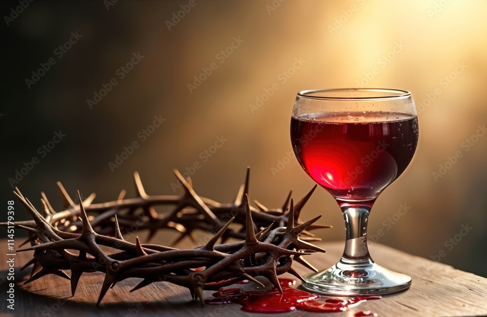 Religious image of crown of thorns, chalice of red wine. Sacred symbols ...