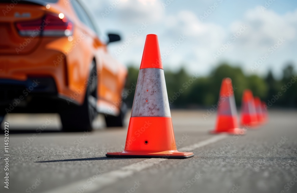 Driving school practice area with orange traffic cones. Modern car at ...