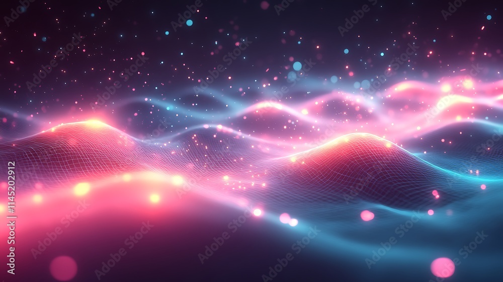 Glowing glitch effect on a 3D wireframe model with neon light trails ...