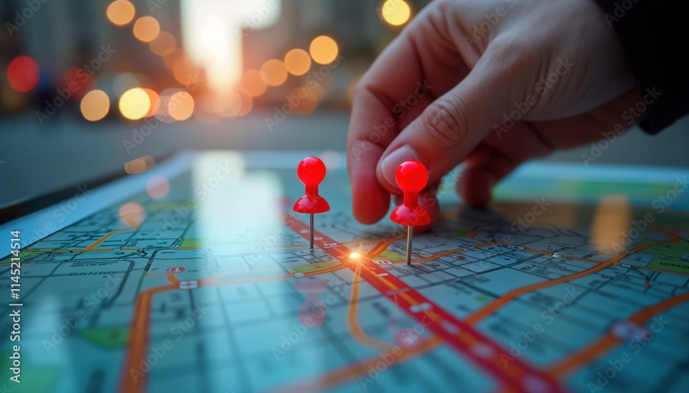 Person places two red map pins on city map on tablet. Digital map shows ...