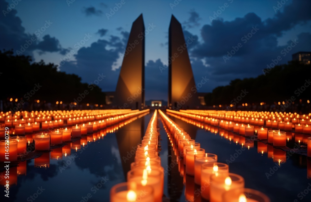 Many flickering candles in rows reflect on water near memorial ...
