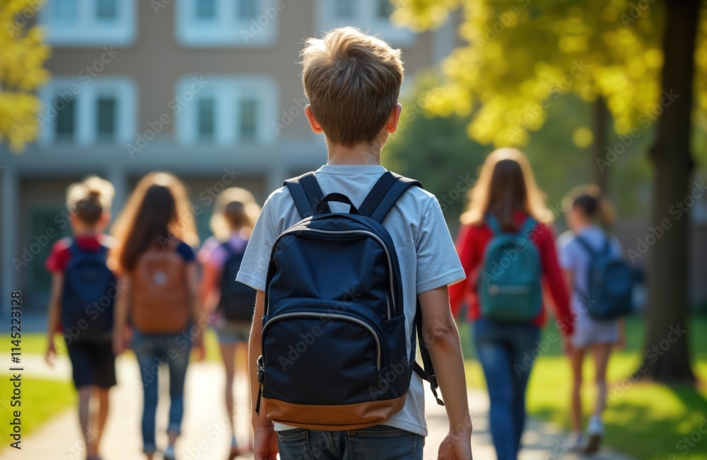 Boy walks to school. Group of children walk together. Sunny morning at ...
