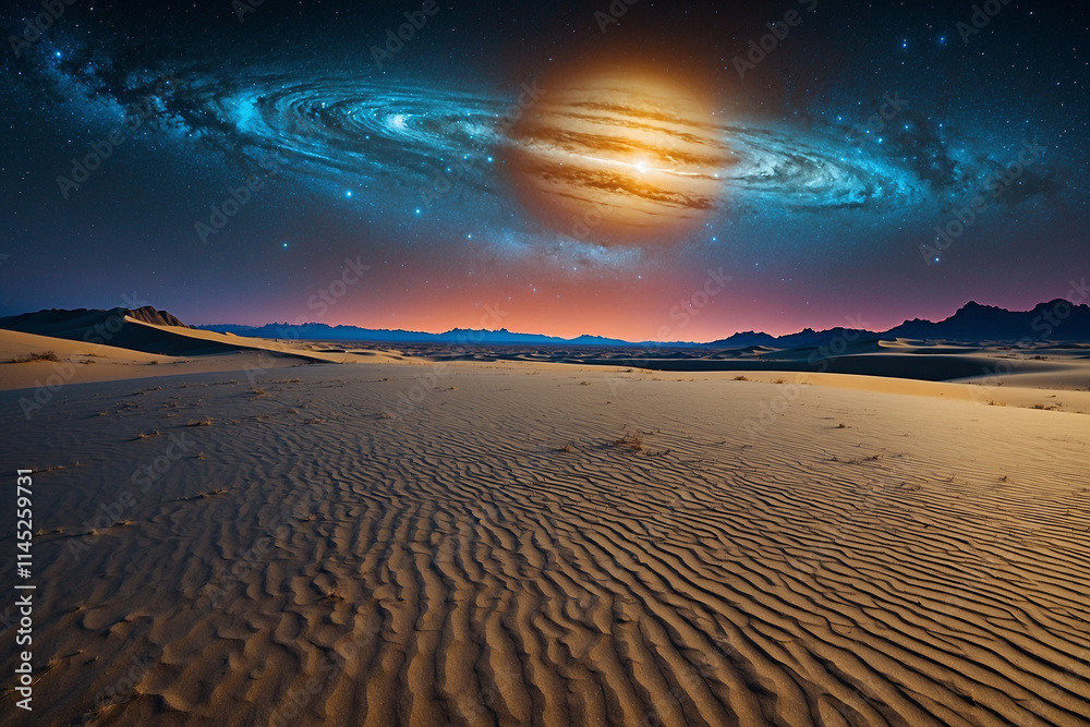 Golden sand dunes shimmering with silver-blue cracks, under a giant ...
