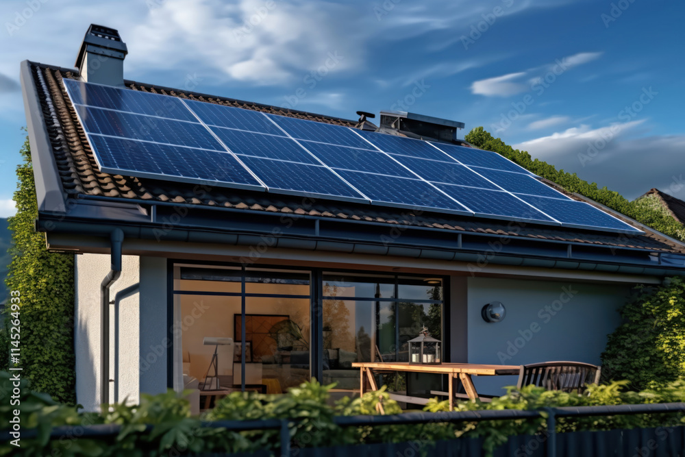 Solar panels producing energy on a roof of a clean residential house ...