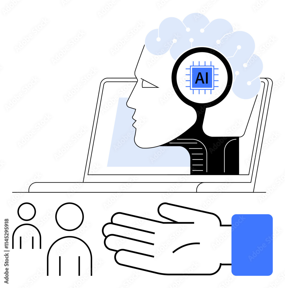Laptop with human head and AI chip, hand gesture, and three audience ...