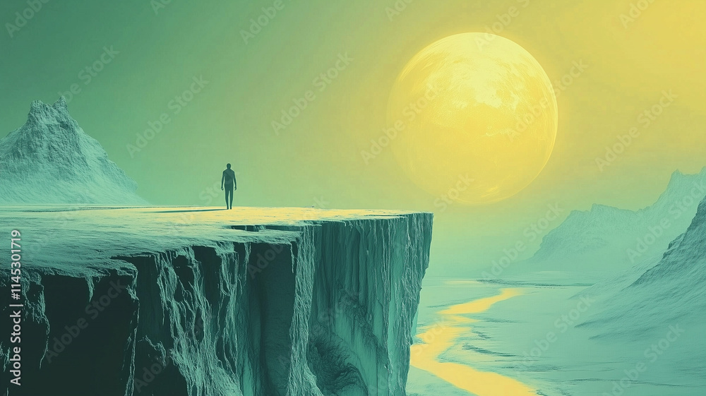 Minimalist tiny distant man in alone in black silhouette on a rock ...