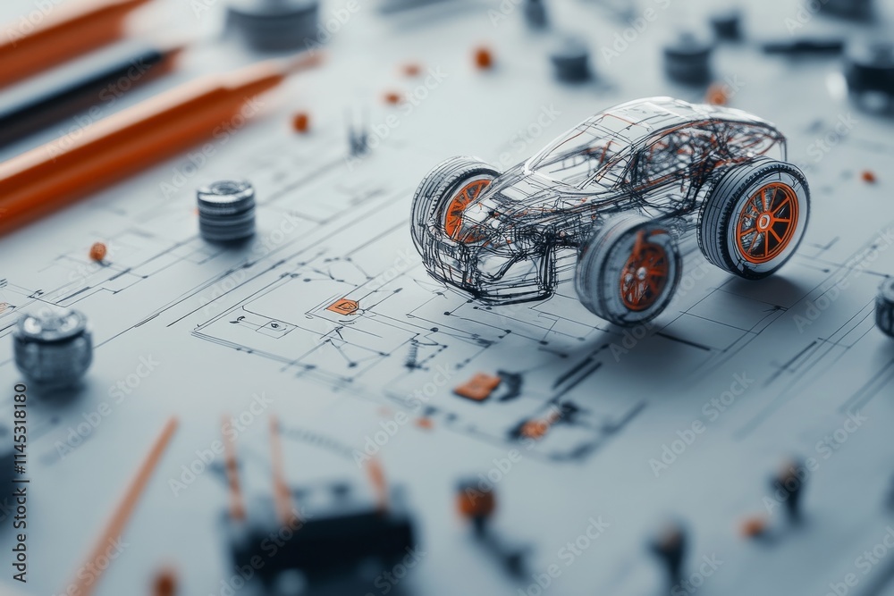 3D model of a racing car displayed on an engineering blueprint with ...